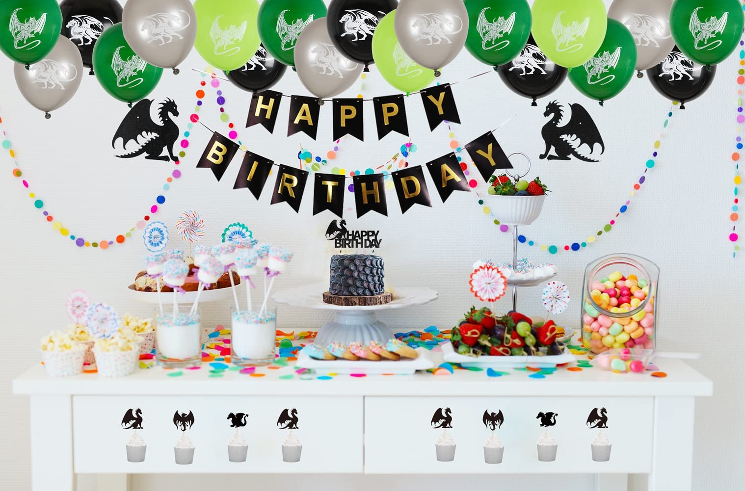 Dragon Birthday Party Decorations Dungeons and Dragons Theme Fantasy Party Supplies Including Dragon Cake Decoration and Toppers, Dragon Balloon Garland and Birthday Banner