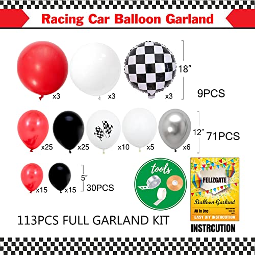 Racing Car Balloons Garland Arch Kit, 113Pcs Checked Finish Line Flag Red Black Balloons, for Boy 2nd Two Fast Birthday Party Supplies