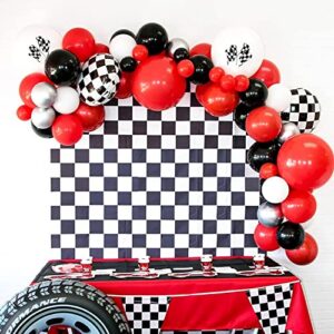 Racing Car Balloons Garland Arch Kit, 113Pcs Checked Finish Line Flag Red Black Balloons, for Boy 2nd Two Fast Birthday Party Supplies