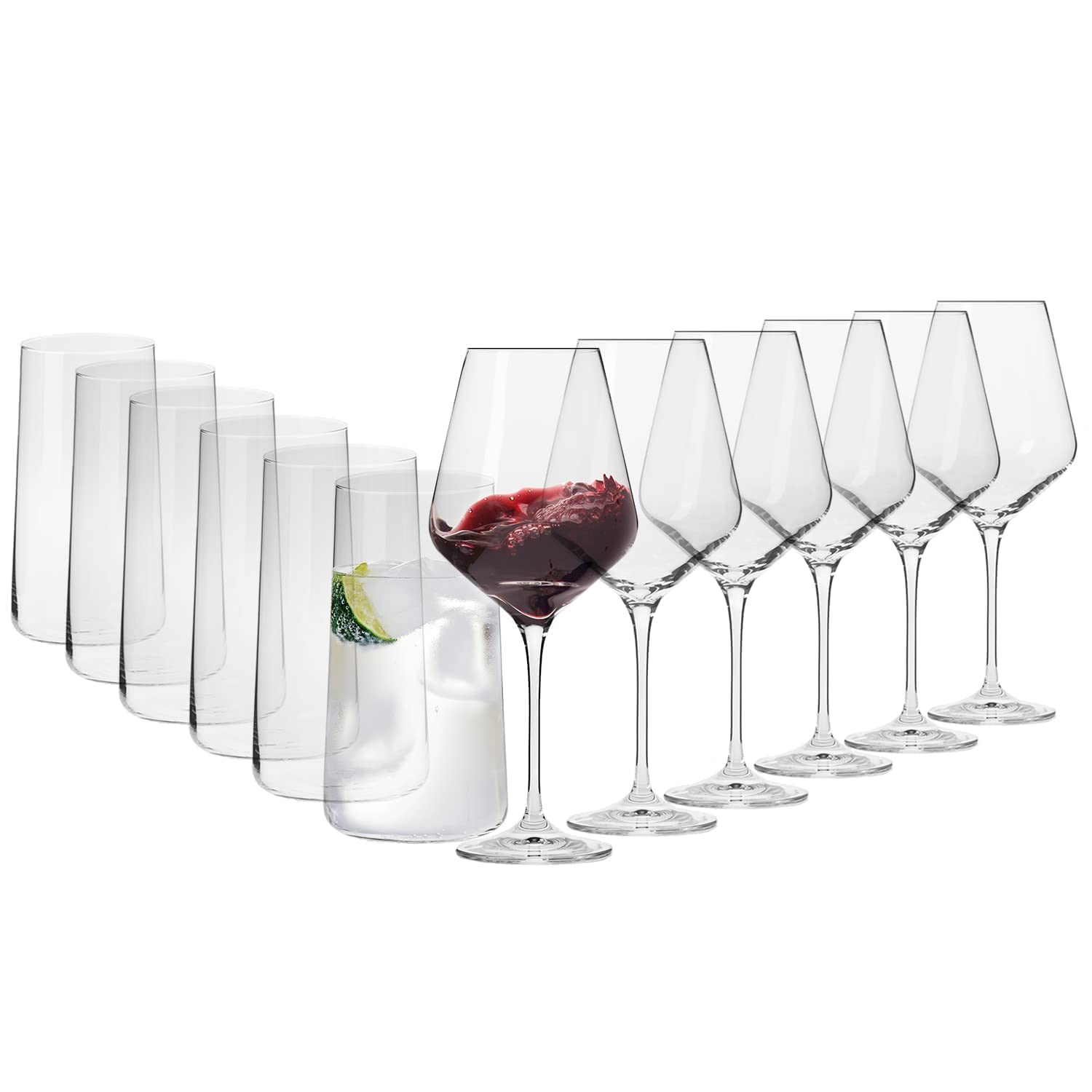 Krosno Glasses Set | 6x Red Wine Glasses 16.6 oz + 6x Tall Water Juice Drinking Glasses 18.3 oz | Crystal Glass | Perfect for Home, Restaurants and Parties | Dishwasher Safe