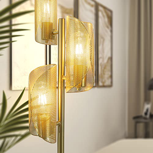 Brightech Lyra LED Tree Floor Lamp for Mid-Century Modern, Contemporary, Industrial Décor, 3 Light Head Standing Lamp with Metal Cage Shade, Standing Pole Tall Lamp for Living Room, Bedroom - Brass