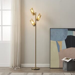 Brightech Lyra LED Tree Floor Lamp for Mid-Century Modern, Contemporary, Industrial Décor, 3 Light Head Standing Lamp with Metal Cage Shade, Standing Pole Tall Lamp for Living Room, Bedroom - Brass