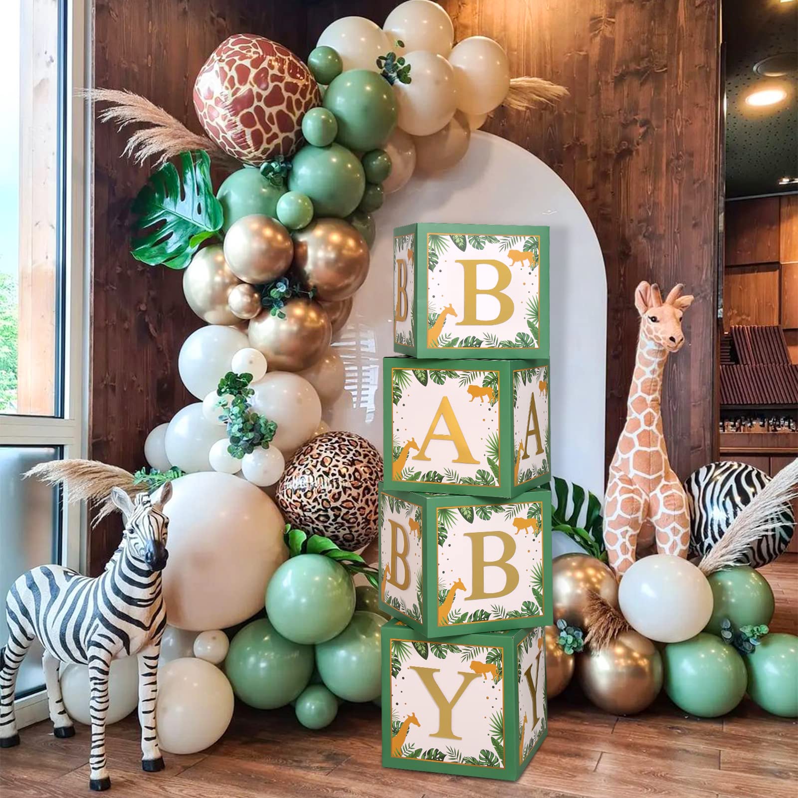 Safari Baby Shower Decorations Box - Green Jungle Animal Baby Boxes with Gold Letters, Party Boxes Block for Safari Jungle Baby Shower Dinosaur Birthday Party Supplies Boy Girl Photo Props Backdrop