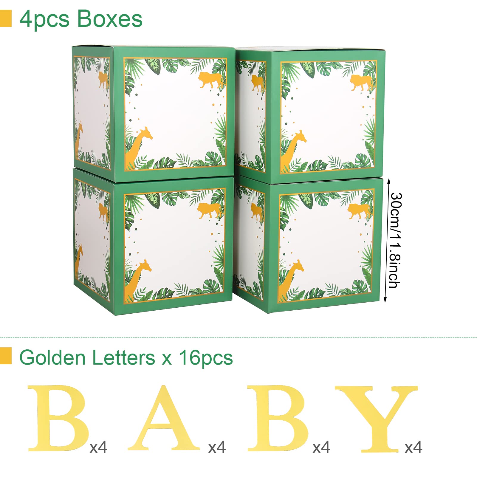 Safari Baby Shower Decorations Box - Green Jungle Animal Baby Boxes with Gold Letters, Party Boxes Block for Safari Jungle Baby Shower Dinosaur Birthday Party Supplies Boy Girl Photo Props Backdrop