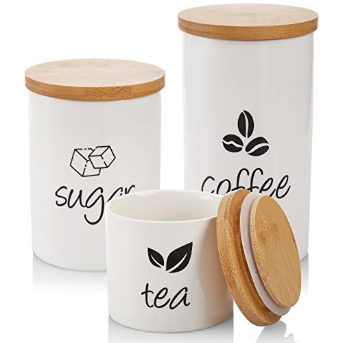 AVLA 3 Pack Ceramic Canister Set, 30/22/12 OZ Kitchen Airtight Food Storage Jar with Bamboo Lids, Coffee Sugar Tea Storage Containers Pots Jars for Counter, Farmhouse Kitchen Decor, White