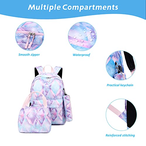 Tanou Backpacks for Teen Girls 3PCs with Lunch Bag Pen Case, Breathable Lightweight Teenager Girl Bookbags for Elementary Middle School, 22L Cute Back Packs with USB Charging Port, Blue Line