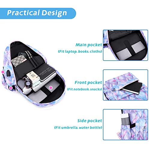 Tanou Backpacks for Teen Girls 3PCs with Lunch Bag Pen Case, Breathable Lightweight Teenager Girl Bookbags for Elementary Middle School, 22L Cute Back Packs with USB Charging Port, Blue Line