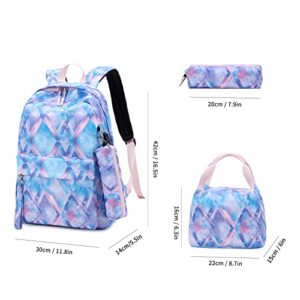 Tanou Backpacks for Teen Girls 3PCs with Lunch Bag Pen Case, Breathable Lightweight Teenager Girl Bookbags for Elementary Middle School, 22L Cute Back Packs with USB Charging Port, Blue Line