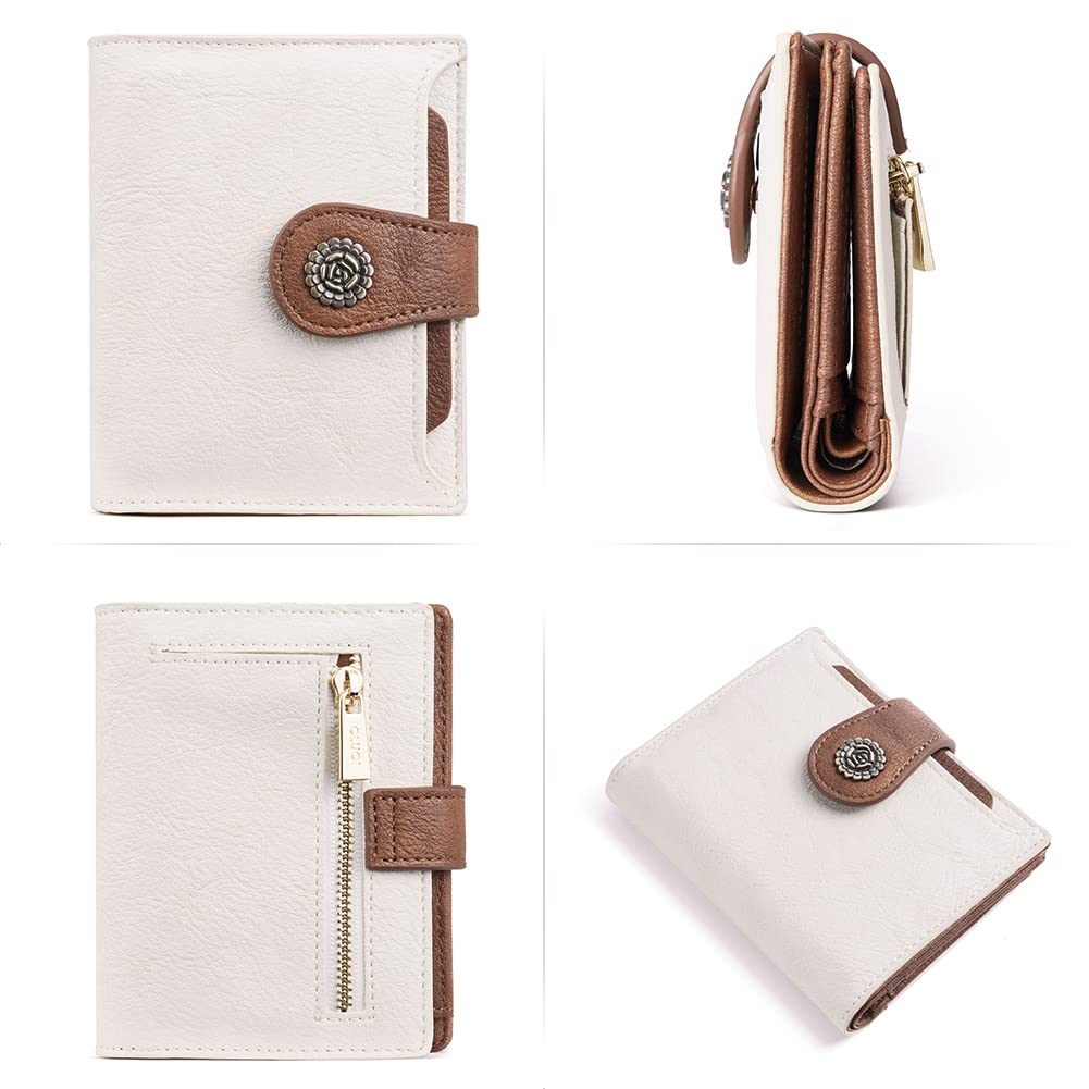 CLUCI Small Wallets for Women RFID Blocking Leather Trifold Compact Credit Card Holder with ID Window Ladies Zipper Coin Purse Beige with Brown