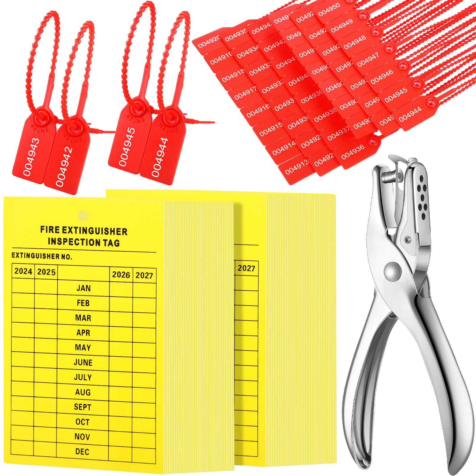 Chunful 101 Pieces Monthly Fire Extinguisher Inspection Tags 2024 Maintenance Tags and Plastic Tamper Seals Numbered Security Tags with Handheld Hole Puncher(Red, Yellow, 5 x 3.3 Inch)