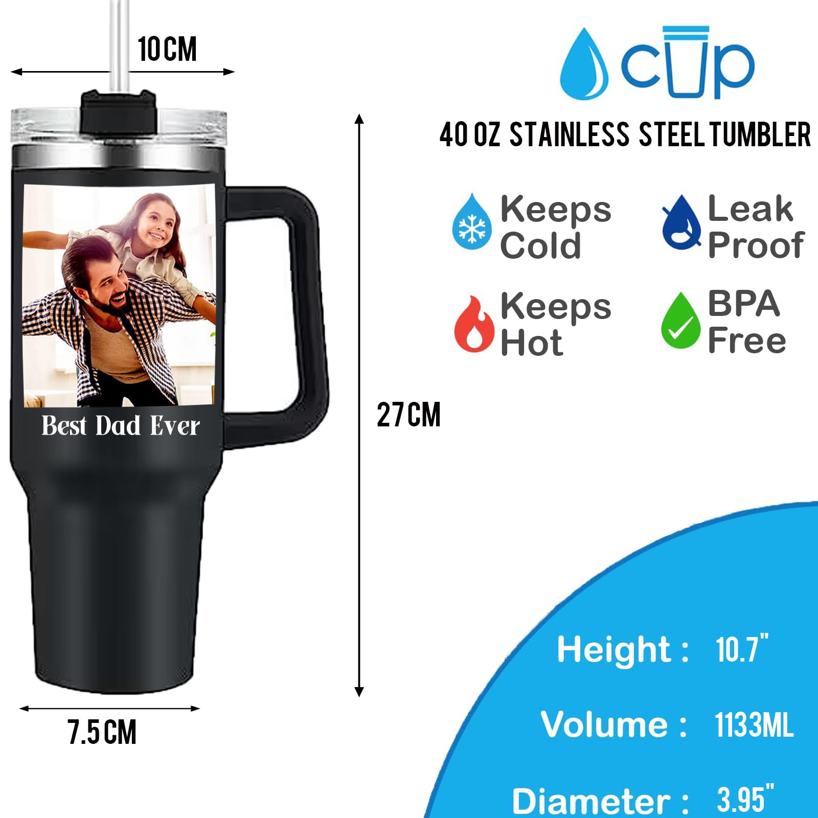 Personalized Photo Tumbler w/Handle, Custom Double Sides 40 OZ Travel Coffee Mug Stainless Steel Cup with Straw Lid, Customized Gift for Dad, Mom, Grandpa, Grandma