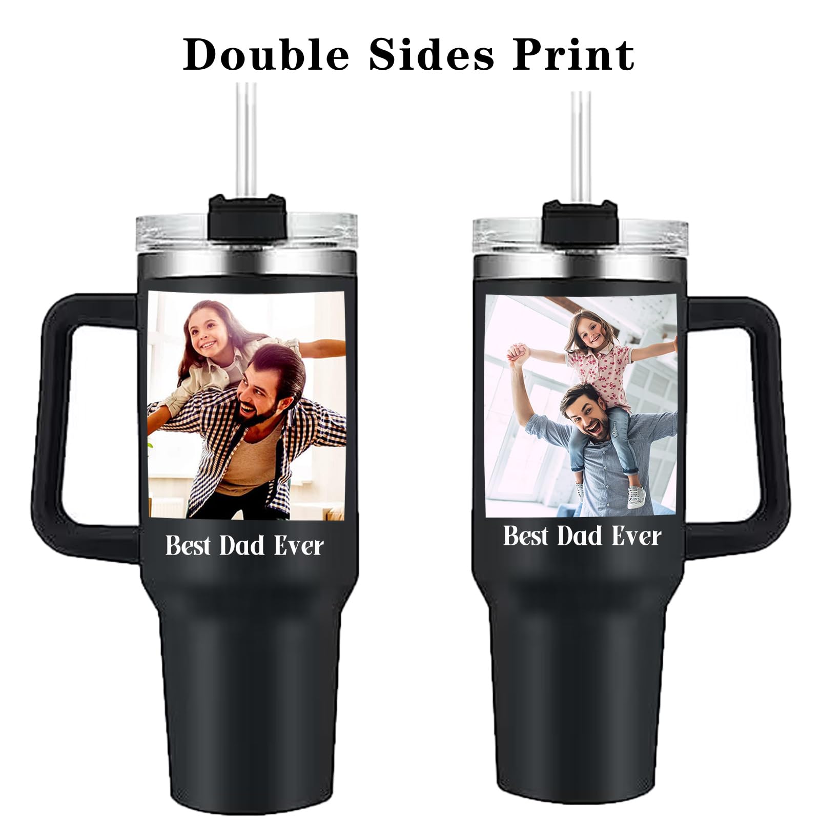 Personalized Photo Tumbler w/Handle, Custom Double Sides 40 OZ Travel Coffee Mug Stainless Steel Cup with Straw Lid, Customized Gift for Dad, Mom, Grandpa, Grandma