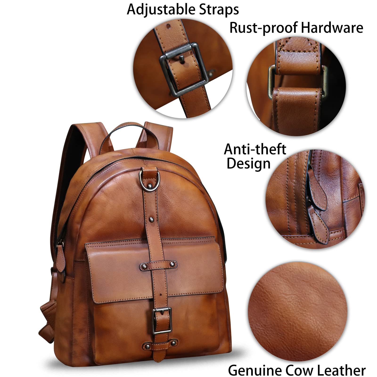 LRTO Genuine Leather Backpack for Women Vintage Travel Daypack Casual College Backbag Handmade Cowhide Rucksack (Brown) Medium