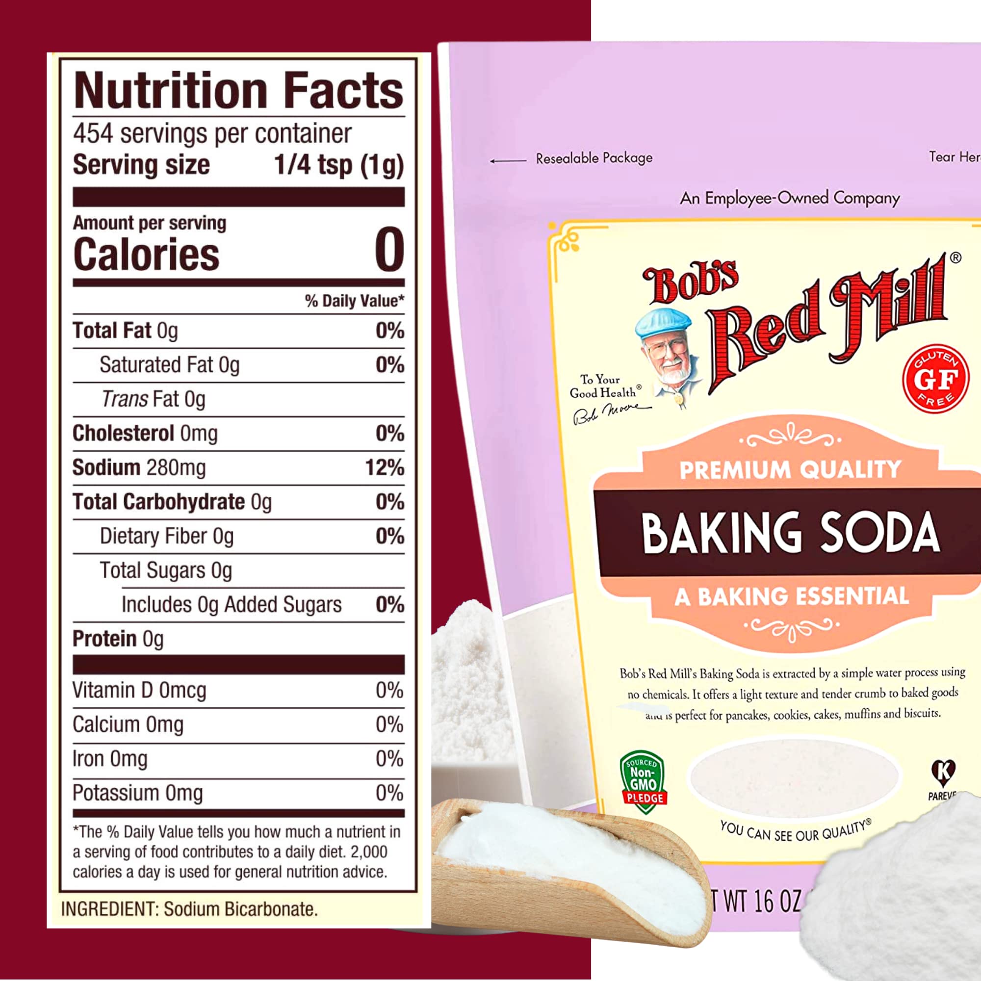 Gluten Free Baking Soda Bundle. Includes 1-16 Oz Resealable Bag of Bobs Red Mill Baking Soda. Bobs Red Mill Baking Soda is Certified Gluten Free, Non GMO & Kosher Comes with a BELLATAVO Fridge Magnet!