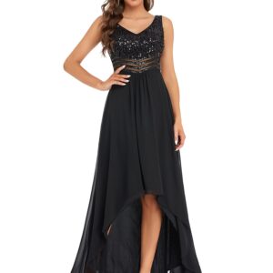 Ever-Pretty Women's A-Line High Low Sequin Chiffon Floor Length Prom Gowns Black US8