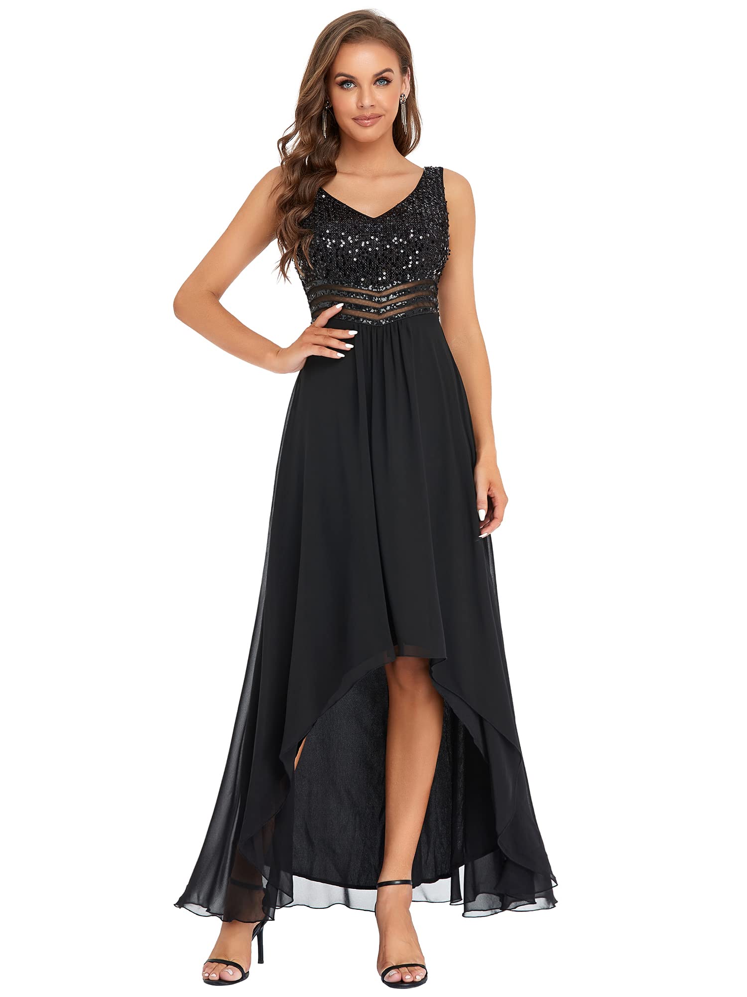 Ever-Pretty Women's A-Line High Low Sequin Chiffon Floor Length Prom Gowns Black US8