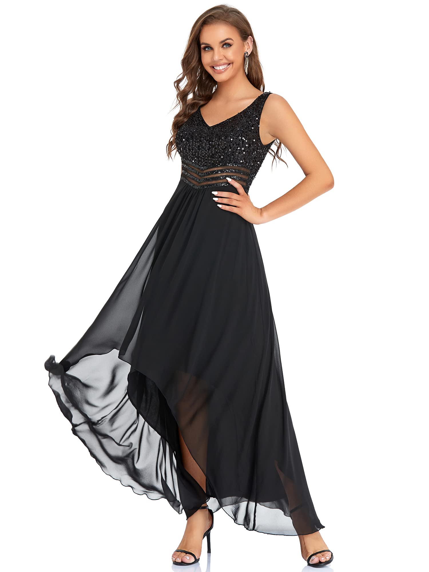 Ever-Pretty Women's A-Line High Low Sequin Chiffon Floor Length Prom Gowns Black US8