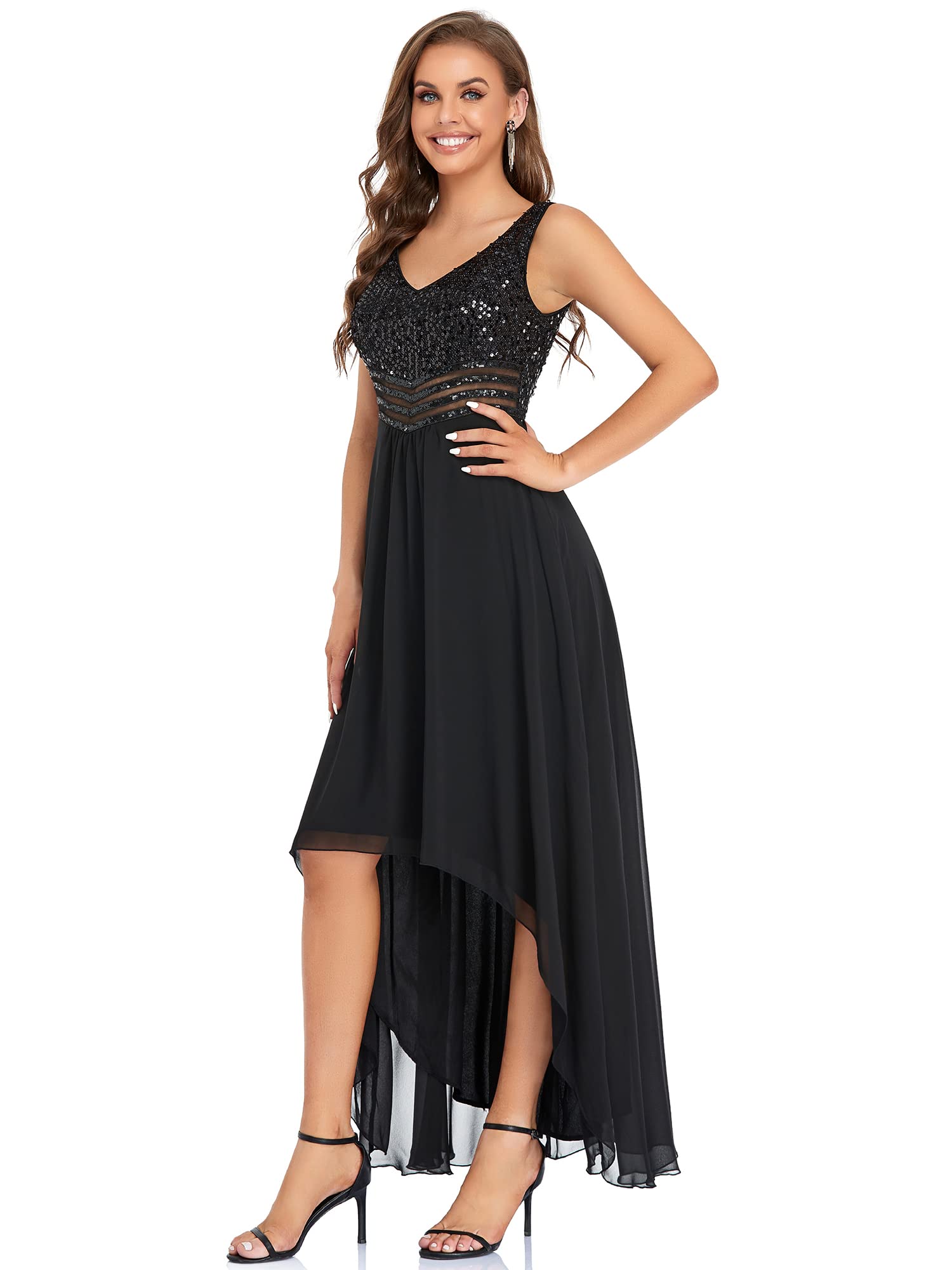 Ever-Pretty Women's A-Line High Low Sequin Chiffon Floor Length Prom Gowns Black US8