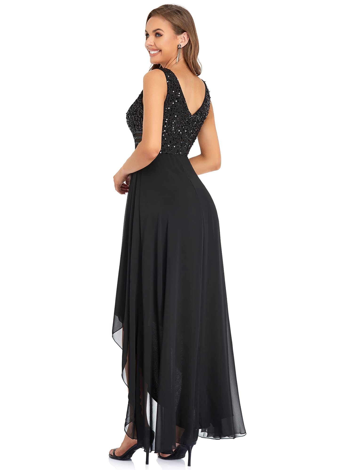 Ever-Pretty Women's A-Line High Low Sequin Chiffon Floor Length Prom Gowns Black US8