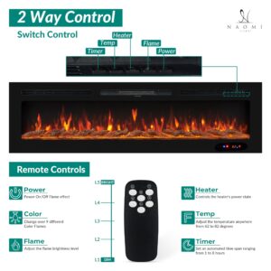 Naomi Home Kimball Electric Fireplace, Recessed & Wall Mounted Electric Fireplace, Remote Control with Timer, 9 Adjustable Color, WiFi Black/60 inches