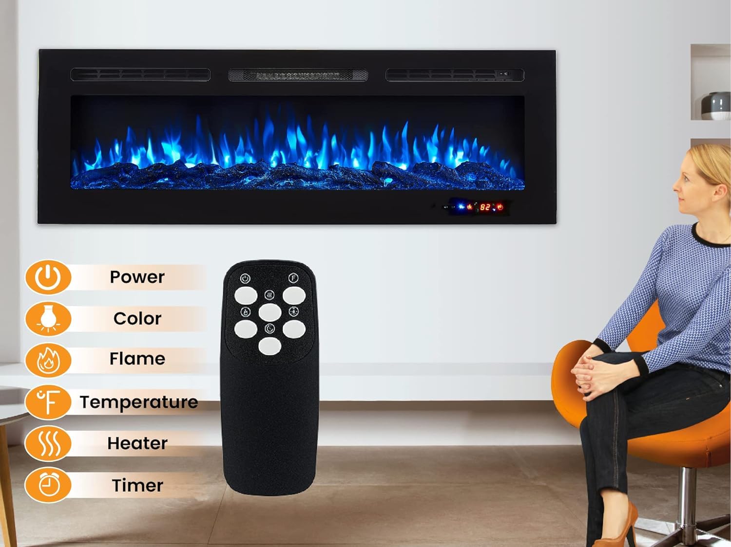 Naomi Home Kimball Electric Fireplace, Recessed & Wall Mounted Electric Fireplace, Remote Control with Timer, 9 Adjustable Color, WiFi Black/60 inches