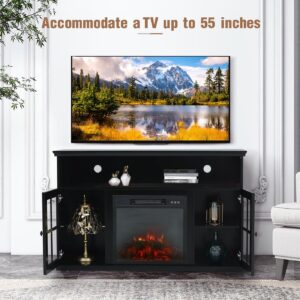 MFSTUDIO Farmhouse Electric Fireplace TV Stand for TV's Up to 55" Media Entertainment Center Console with Insert Fireplace and Adjustable Shelves Storage Cabinet Chest for Living Room, Black