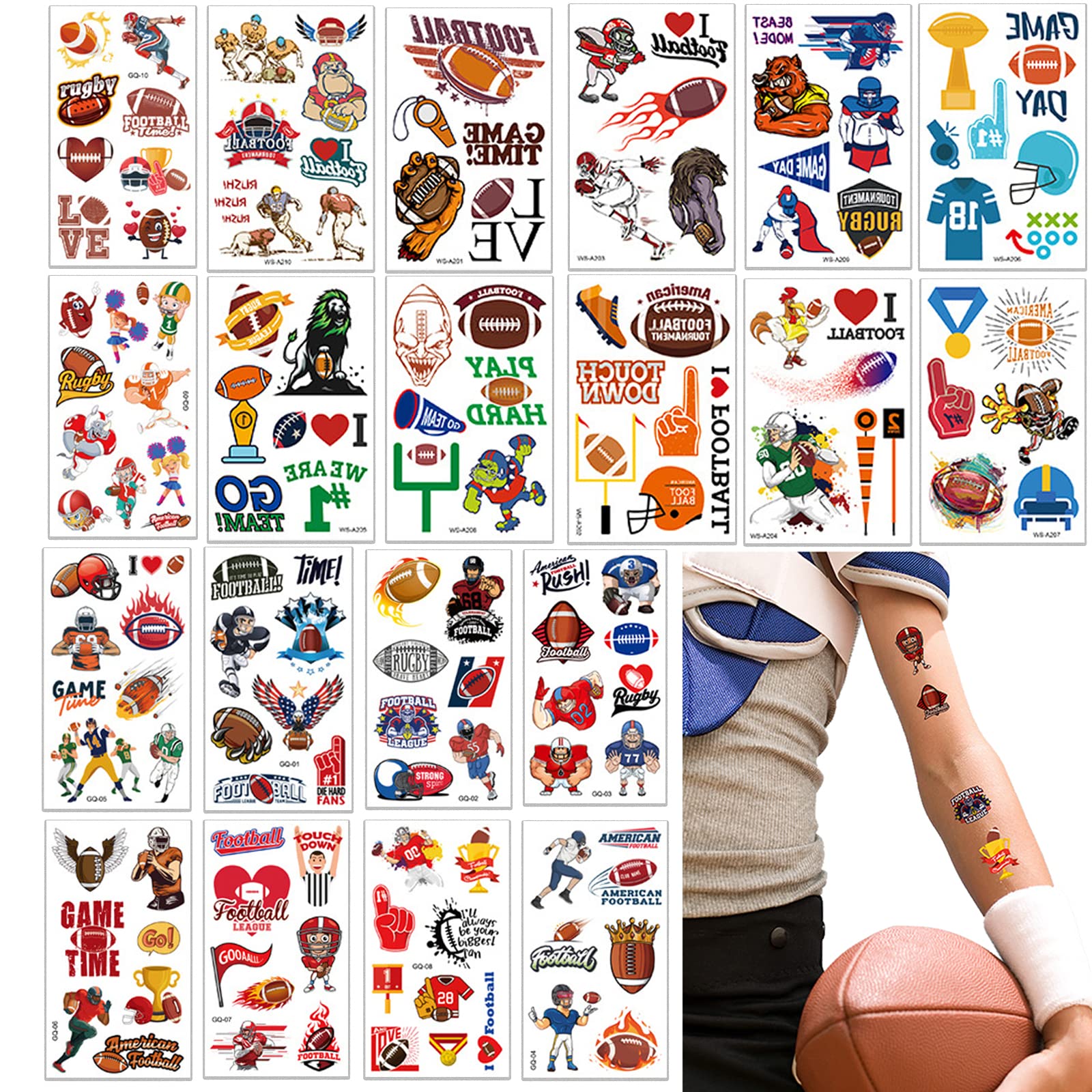 COOLI Football Game Face Temporary Tattoos Sticker 20Sheets Football Party Favor Supplies Super Bowl Birthday Party Decoration,Fan Games Event Tattoo Decorations for Adults and Children