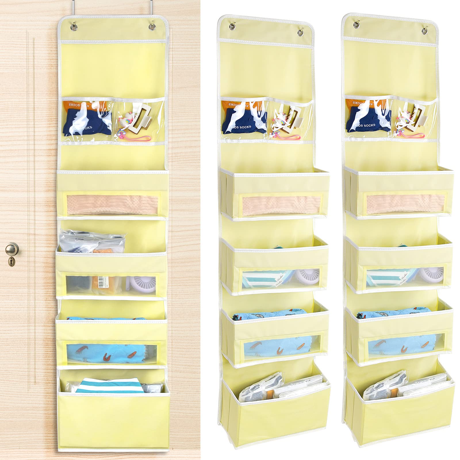 FGSAEOR 5 Layers Over The Door Organizer - 2 Pack Nursery Closet Organizers Baby Storage with 4 Foldable Big Pocket Storage,Clear Window PVC Pocket for Pantry,Toys and Sundries - Beige