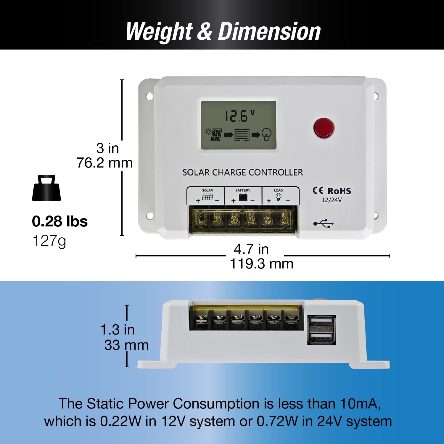 ExpertPower 10A 12/24V Intelligent PWM Solar Charge Controller with Adjustable Parameter LCD Display, Dual USB Ports, for AGM, Gel, LiFePO4