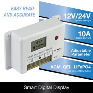 ExpertPower 10A 12/24V Intelligent PWM Solar Charge Controller with Adjustable Parameter LCD Display, Dual USB Ports, for AGM, Gel, LiFePO4