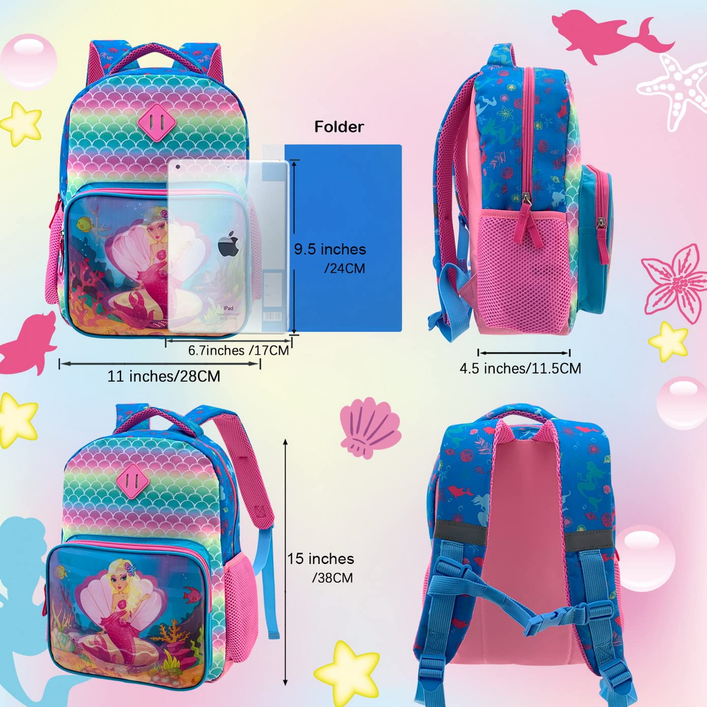 HAPPYSUNNY Mermaid Kids Backpack Set for Girls 15 inch Mirage Effect Changeable Lenticular Pictures Hologram School Backpack with Lunch Box and Pencil Case Preschool Kindergarten Elementary Bookbag