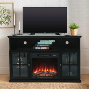 maison arts glass doors fireplace tv stand with electric fireplace inserts 47" farmhouse media console table entertainment center for tvs up to 55" for home living room bedroom, black