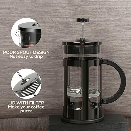 FAVIA French Press Coffee Maker 12 Ounce Stainless Steel with Borosilicate Glass Heat Resistant 4 Level Filtration System for Brew Coffee & Tea Dishwasher Safe 350ml (12oz, Stainless Black)