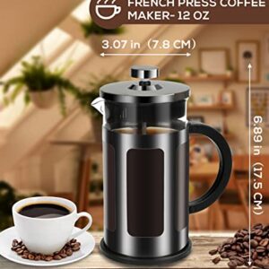 FAVIA French Press Coffee Maker 12 Ounce Stainless Steel with Borosilicate Glass Heat Resistant 4 Level Filtration System for Brew Coffee & Tea Dishwasher Safe 350ml (12oz, Stainless Black)