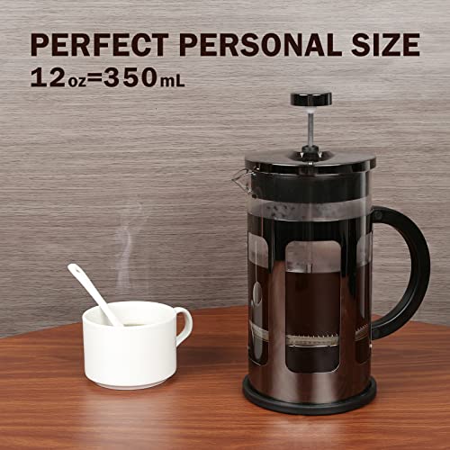 FAVIA French Press Coffee Maker 12 Ounce Stainless Steel with Borosilicate Glass Heat Resistant 4 Level Filtration System for Brew Coffee & Tea Dishwasher Safe 350ml (12oz, Stainless Black)