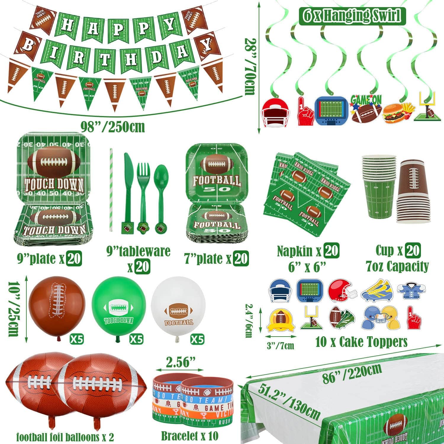 Football Theme Party Supplies,Including Birthday Banner, Football Silicone Bracelet, Hanging Swirl, Plates, Cups, Napkins, Tableware, Tablecloth, Football Birthday Party Decorations, Serves 20