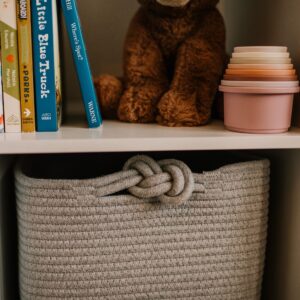 Parker Baby Rope Storage Cube Bin - 11 Inch Nursery Cubby Storage Bin Cubes for Cube Organizer, Closet Organizers and Storage Toy Bin, Rope Baskets Bins for Toys Storage - Gray