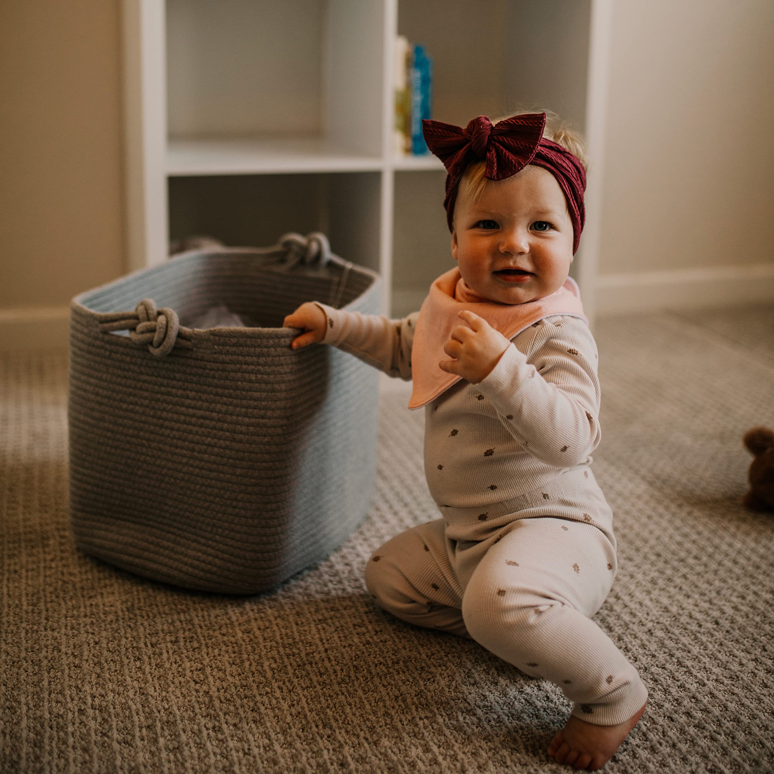 Parker Baby Rope Storage Cube Bin - 11 Inch Nursery Cubby Storage Bin Cubes for Cube Organizer, Closet Organizers and Storage Toy Bin, Rope Baskets Bins for Toys Storage - Gray