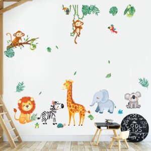 decalmile Jungle Animals Wall Decals Monkey Giraffe Elephant Wall Stickers Baby Nursery Kids Room Living Room Wall Decor