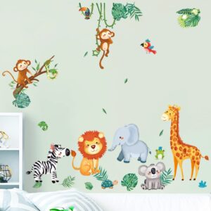 decalmile Jungle Animals Wall Decals Monkey Giraffe Elephant Wall Stickers Baby Nursery Kids Room Living Room Wall Decor