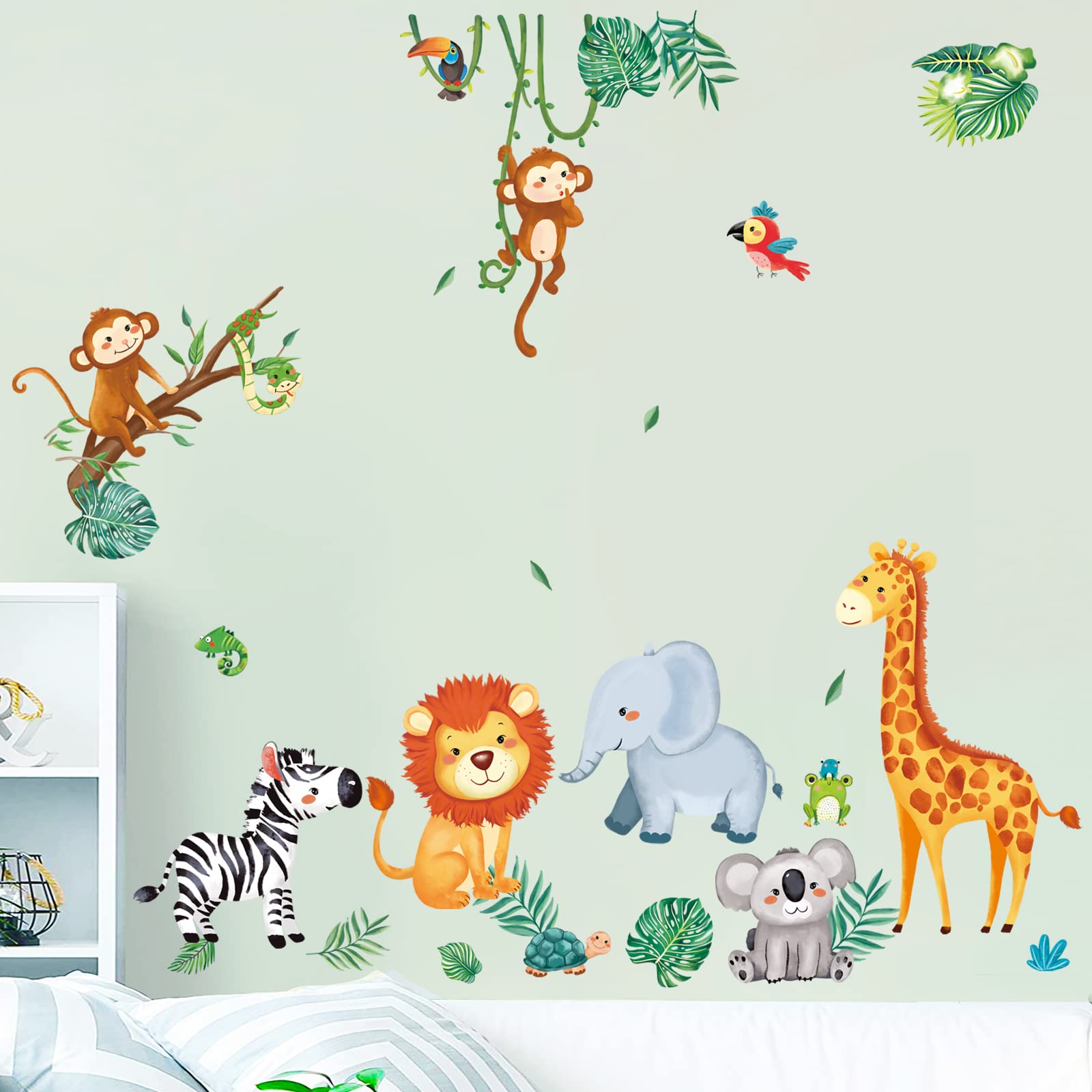 decalmile Jungle Animals Wall Decals Monkey Giraffe Elephant Wall Stickers Baby Nursery Kids Room Living Room Wall Decor