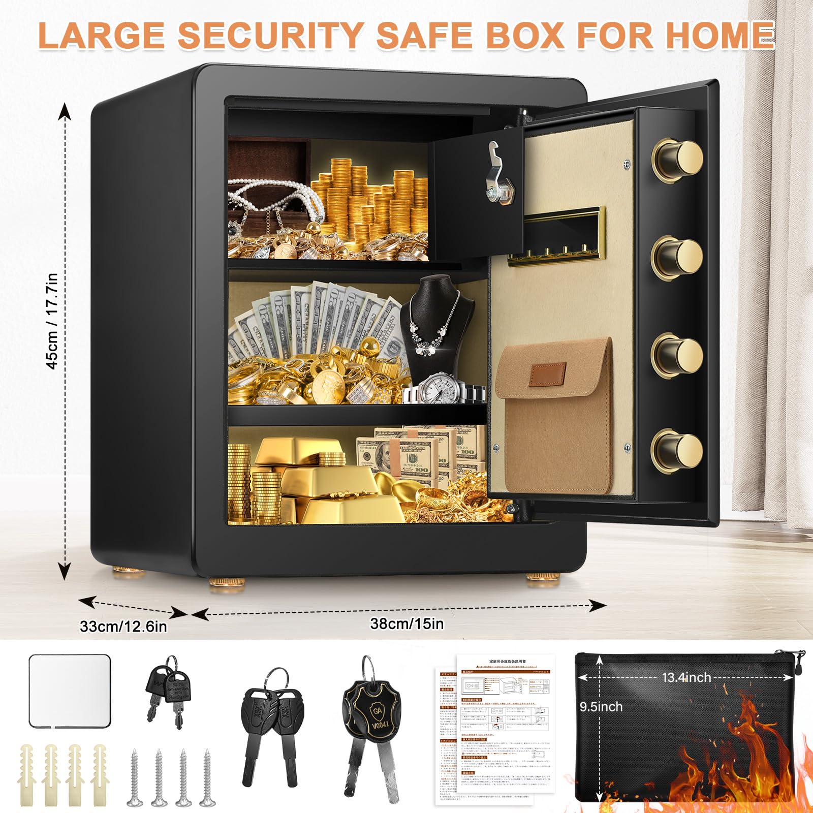 2.3 Cub Home Safe Fireproof Waterproof, Large Fireproof Safe Box with Fireproof Document Bag, Electronic Keypad and Spare Key, Digital Home Security Safe for Money Firearm Medicine Valuables