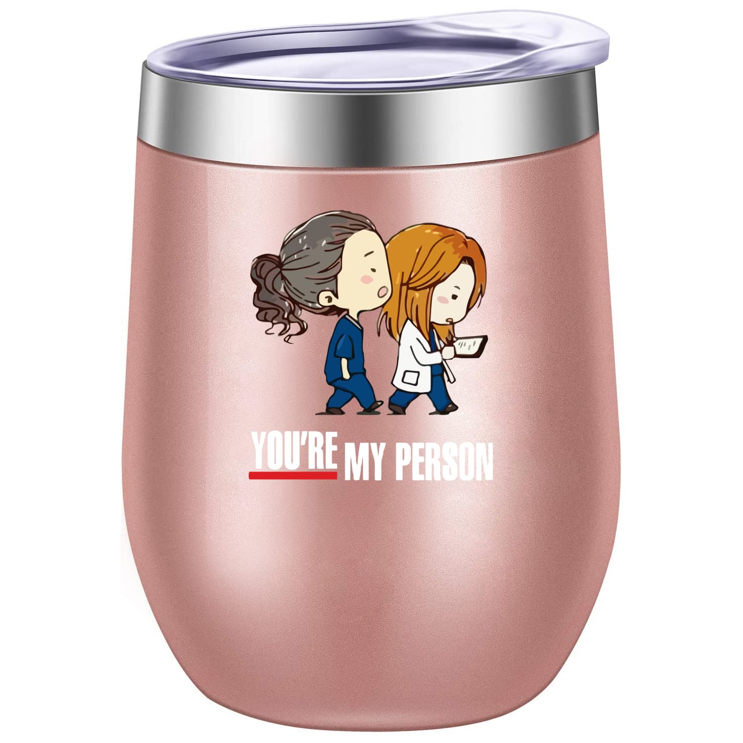 Greys Anatomy Merchandise 12oz Wine Tumbler Glass with Lid -You are My Person Friends Gifts Insulated Cups-Stemless Wine Glasses-Novelty Mothers Day Birthday Christmas Gift for Her Women Bestie