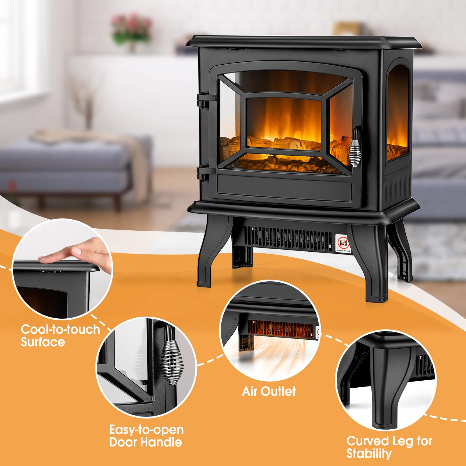 Tangkula 20 Inches Electric Fireplace Stove, Freestanding Fireplace Infrared Heater with Adjustable Thermostat and Realistic Flame Effect 1400W Indoor Space Heater with Overheating Safety Protection