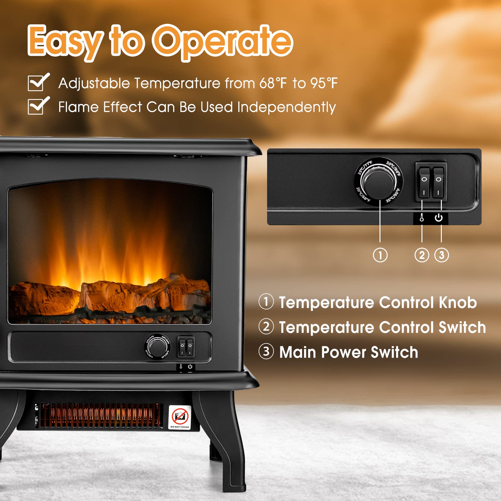 Tangkula 20 Inches Electric Fireplace Stove, Freestanding Fireplace Infrared Heater with Adjustable Thermostat and Realistic Flame Effect 1400W Indoor Space Heater with Overheating Safety Protection