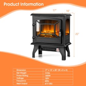 Tangkula 20 Inches Electric Fireplace Stove, Freestanding Fireplace Infrared Heater with Adjustable Thermostat and Realistic Flame Effect 1400W Indoor Space Heater with Overheating Safety Protection