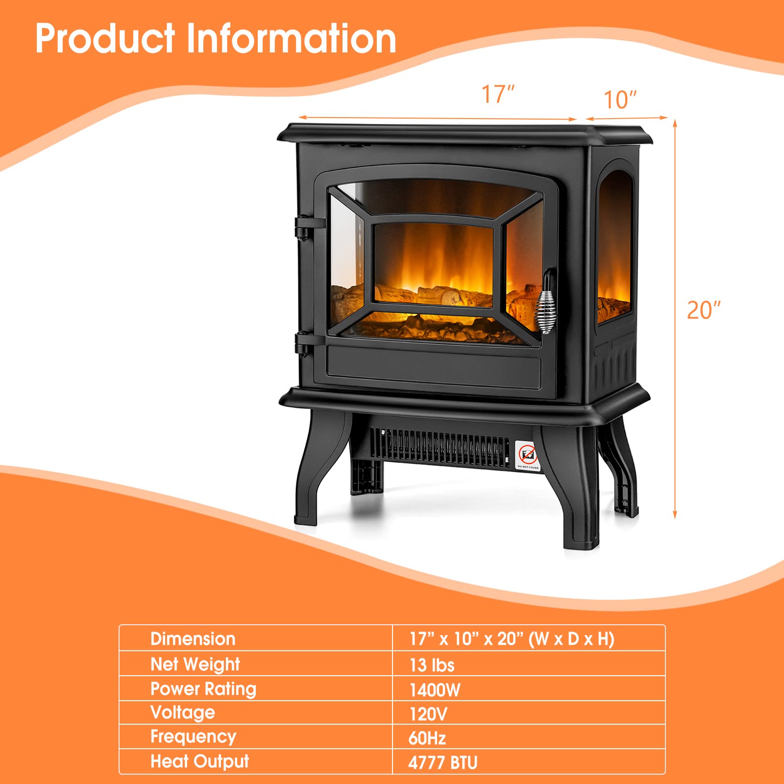 Tangkula 20 Inches Electric Fireplace Stove, Freestanding Fireplace Infrared Heater with Adjustable Thermostat and Realistic Flame Effect 1400W Indoor Space Heater with Overheating Safety Protection