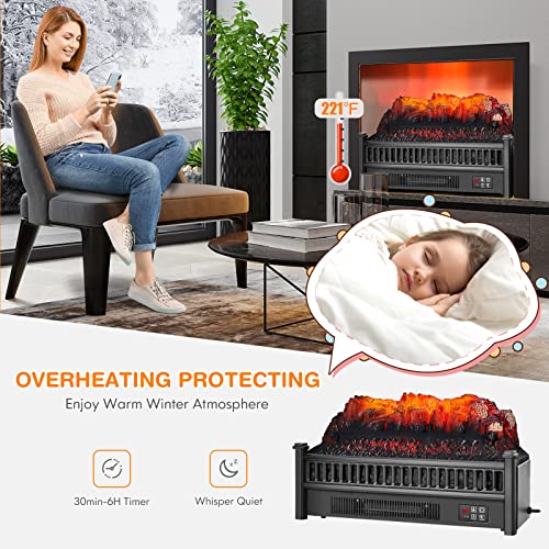 Tangkula 23" Electric Fireplace Log Heater, 1400 W Freestanding Electric Fireplace Stove Insert w/Realistic Flame, Ember Bed, Adjustable Brightness, Overheat Protection, 6H Timer, Remote Control