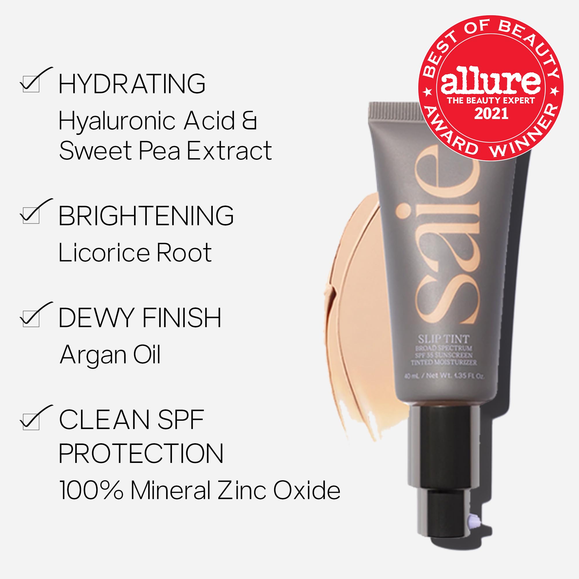 Saie Slip Tint SPF 35 Tinted Moisturizer - Light Coverage Moisturizer + Broad Spectrum Zinc Oxide Sunscreen with Hydrating Hyaluronic Acid - Shade Three + Half (1.35 oz)