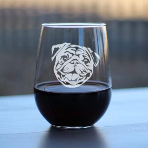 Happy Pug Stemless Wine Glass - Cute Dog Themed Decor and Gifts for Moms & Dads of Pugs - Large 17 Oz Glasses